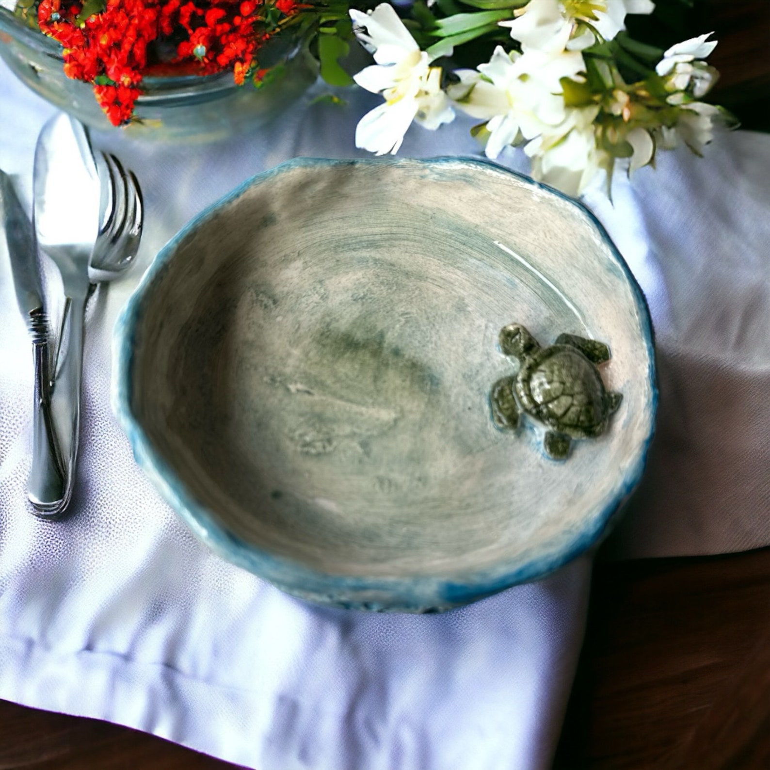 Coastal Turtle Ceramic Bowl Set Artisan Blue Bowls With Green Turtles ...