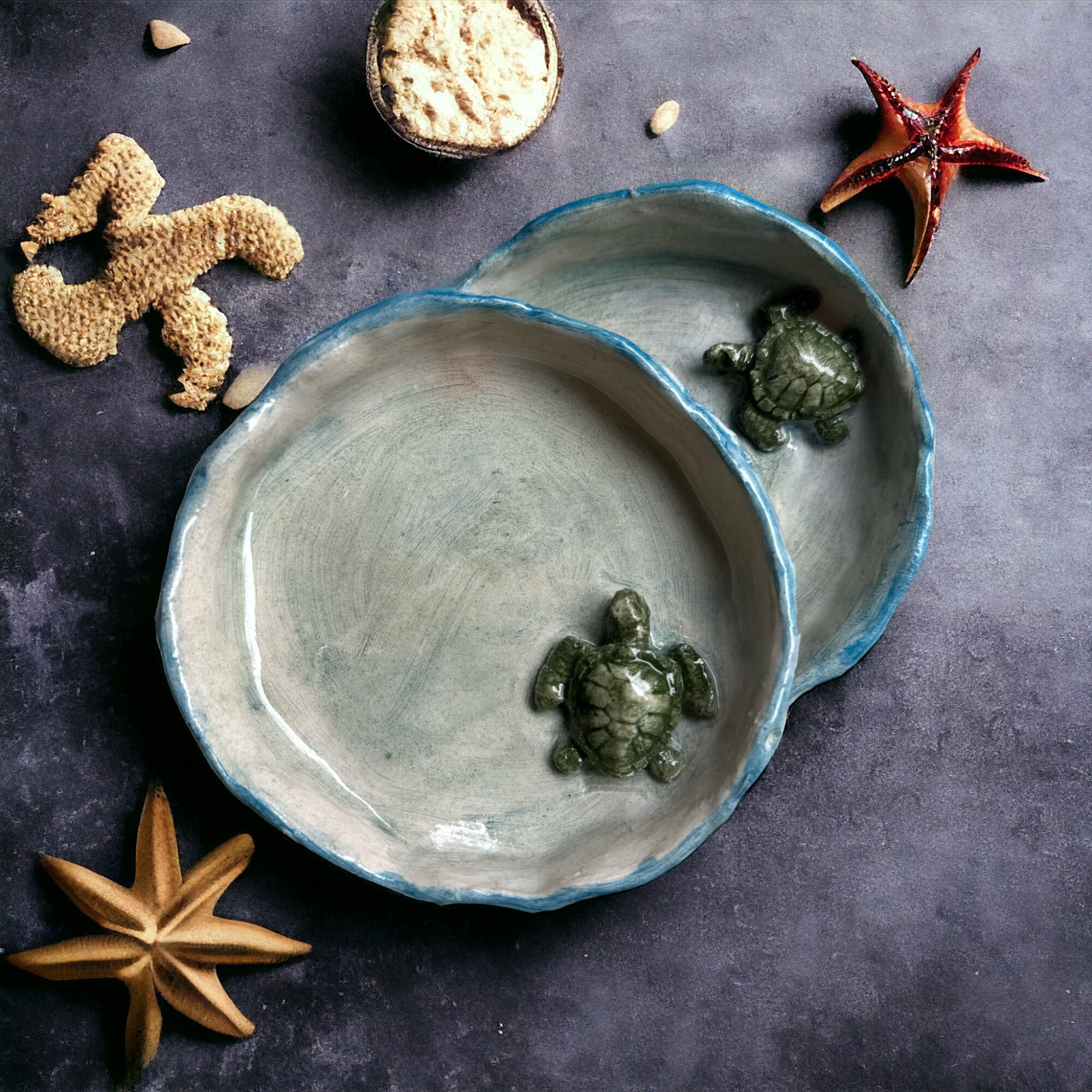 Coastal Turtle Ceramic Bowl Set Artisan Blue Bowls With Green Turtles ...