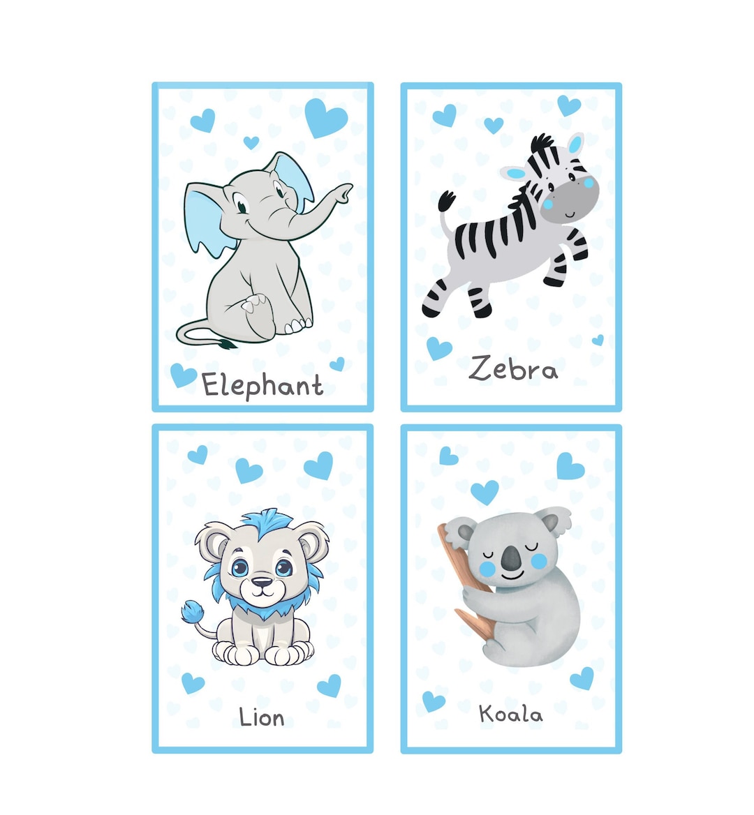 Baby Animal Posters Set of 4 Printable Artwork for Kids Room Blue and ...