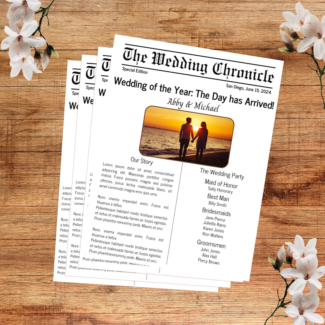Wedding Newspaper Template Editable Folded Wedding Newspaper Program ...