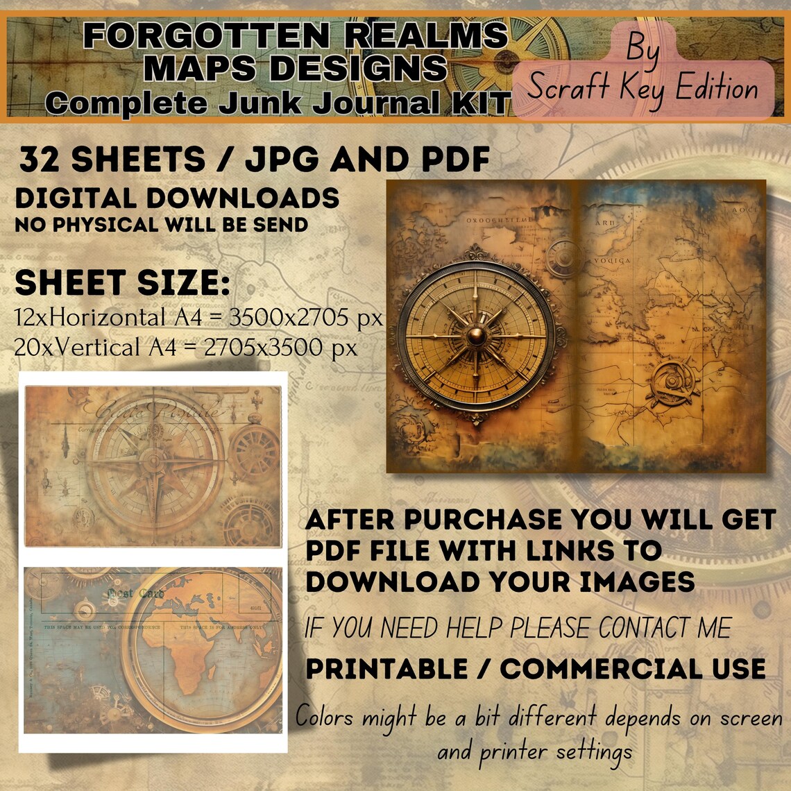 Junk Journal Maps, Steampunk Vintage Journal Pages, Junk Journal Supply ...