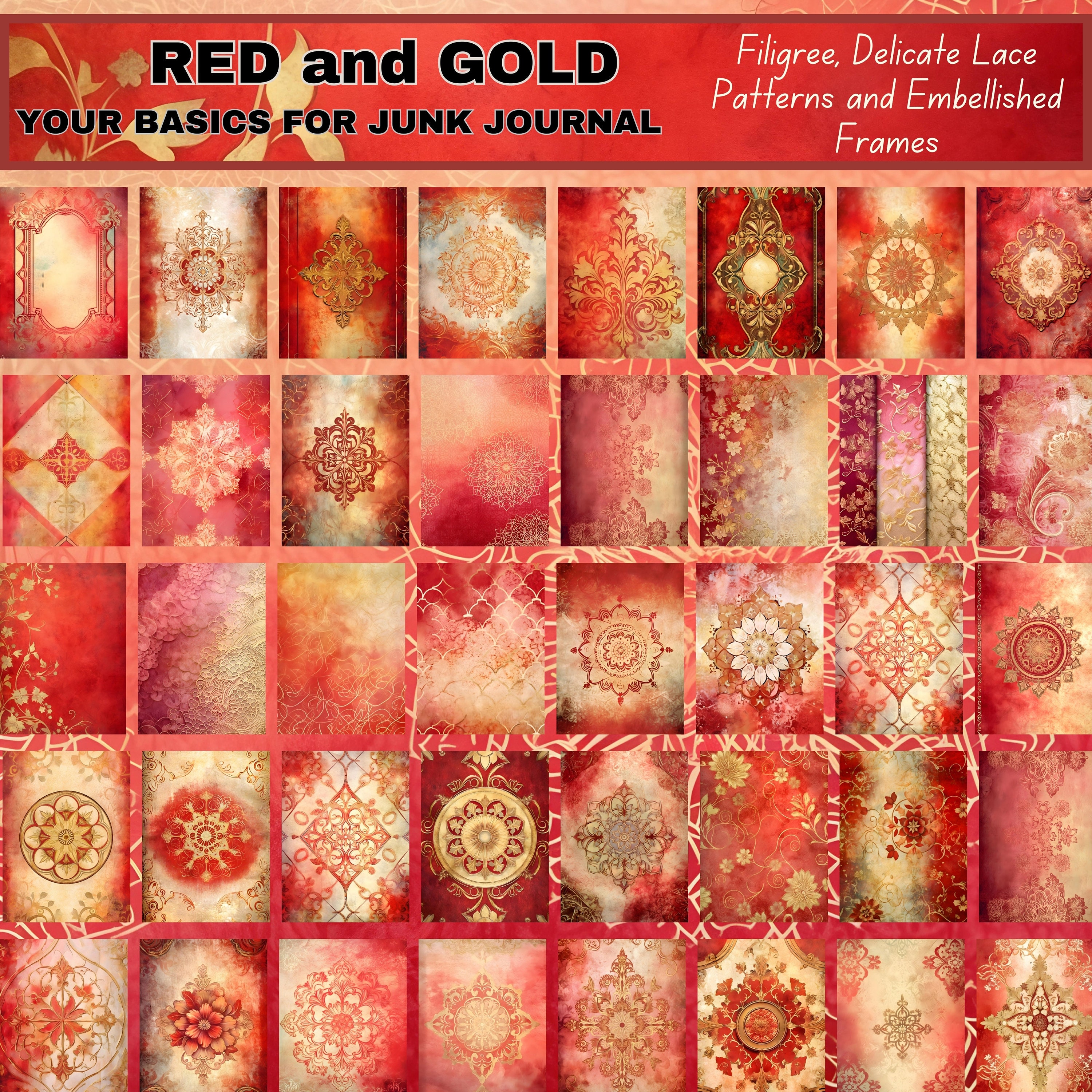 75 Red and Gold Digital Papers in Watercolor Vintage Textures. Mixed ...