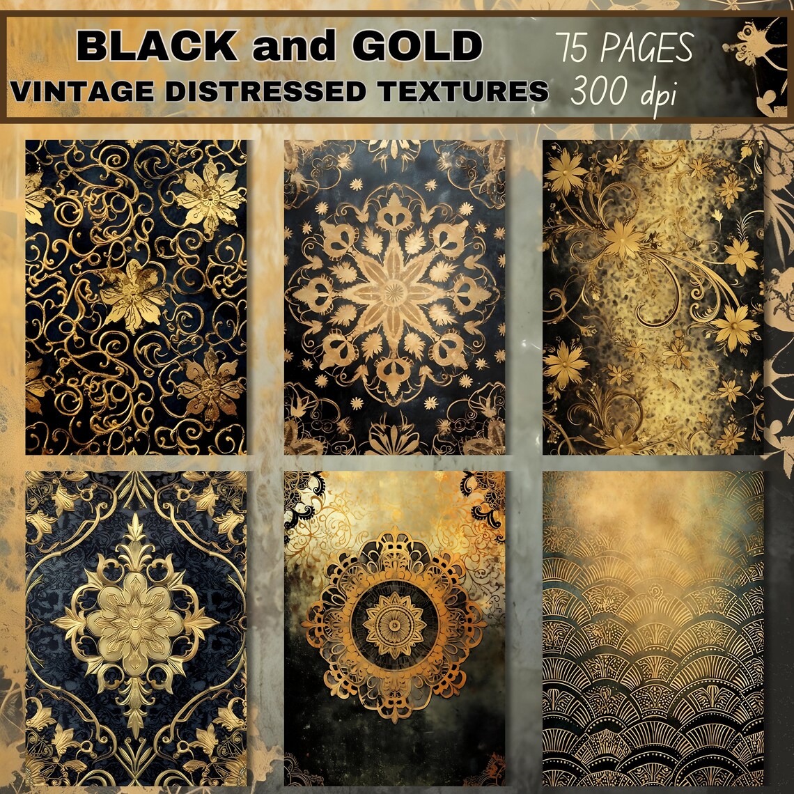 Junkjournal Bundle 75 Black and Gold Digital Papers in Watercolor ...