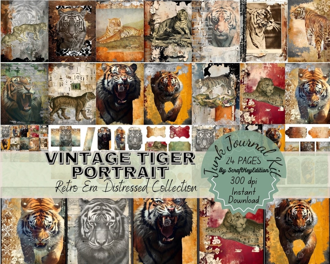 Junk Journal Kit Vintage Distressed Retro Collage Tiger Portrait. Mixed ...