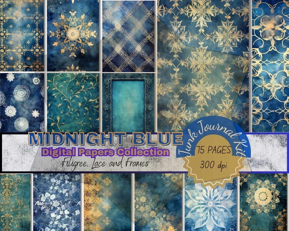 75 Midnight Blue Digital Papers in Watercolor Vintage Textures. Mixed ...