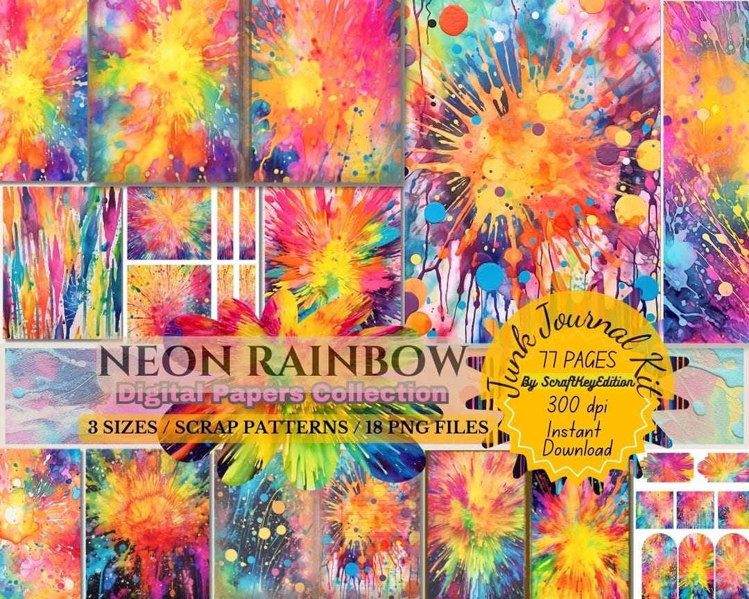Junkjournaling Neon Splash Rainbow Background Vibrant Abstract Digit ...