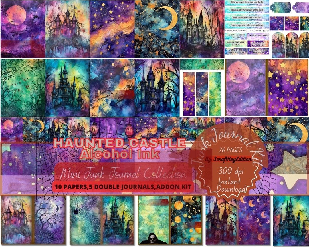 Junkjournaling Pages Haunted Castle Halloween Digital Paper Alcohol Ink ...