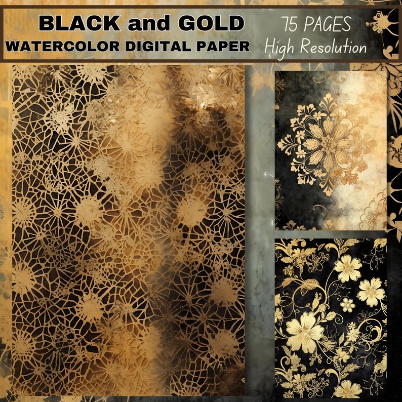 Junkjournal Bundle 75 Black and Gold Digital Papers in Watercolor ...