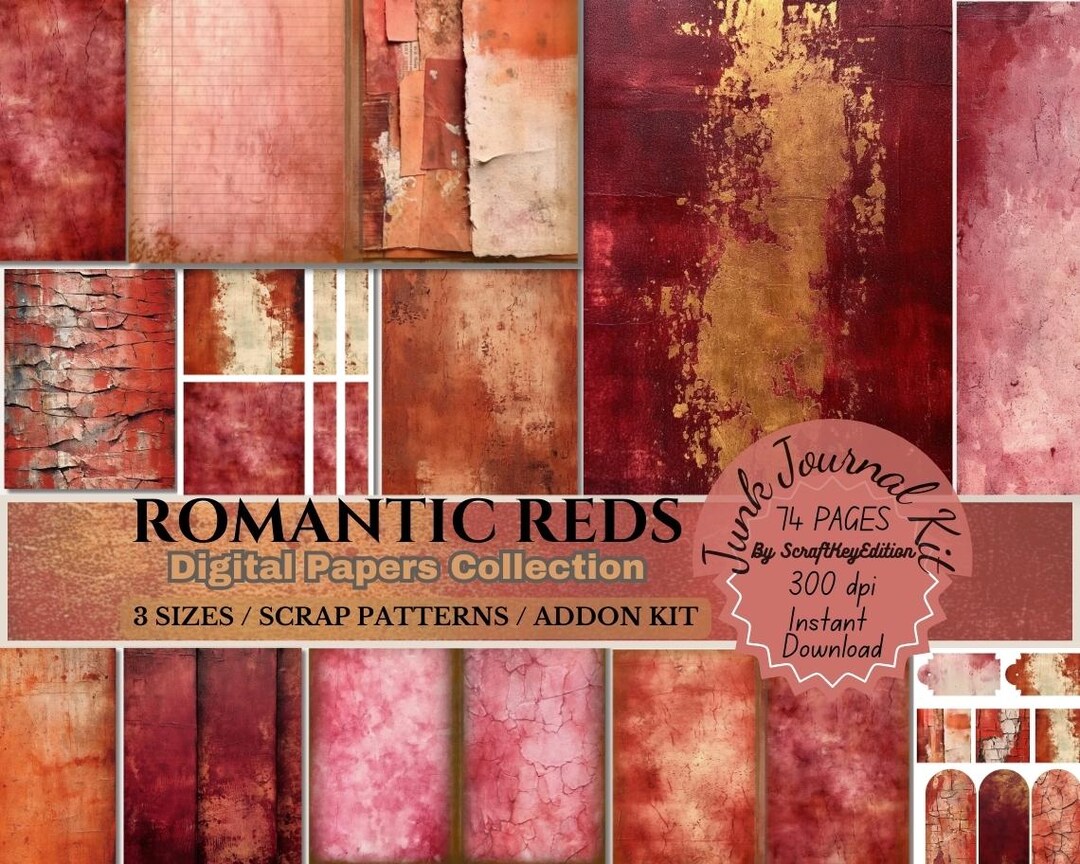 Deep Red Aged Texture Romantic Aesthetic Digital Paper Pack Vintage ...