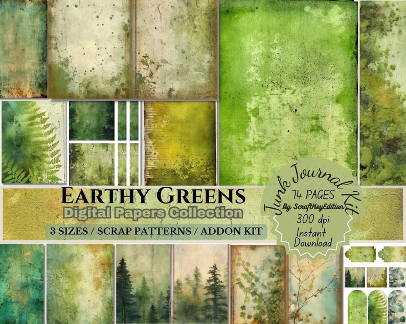 Earthy Greens Distressed Digital Paper Botanical-inspired Vintage ...