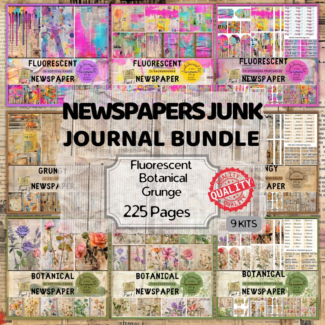 Newspaper Junk Journal Mega Bundle, Fluorescent, Grunge & Botanical ...