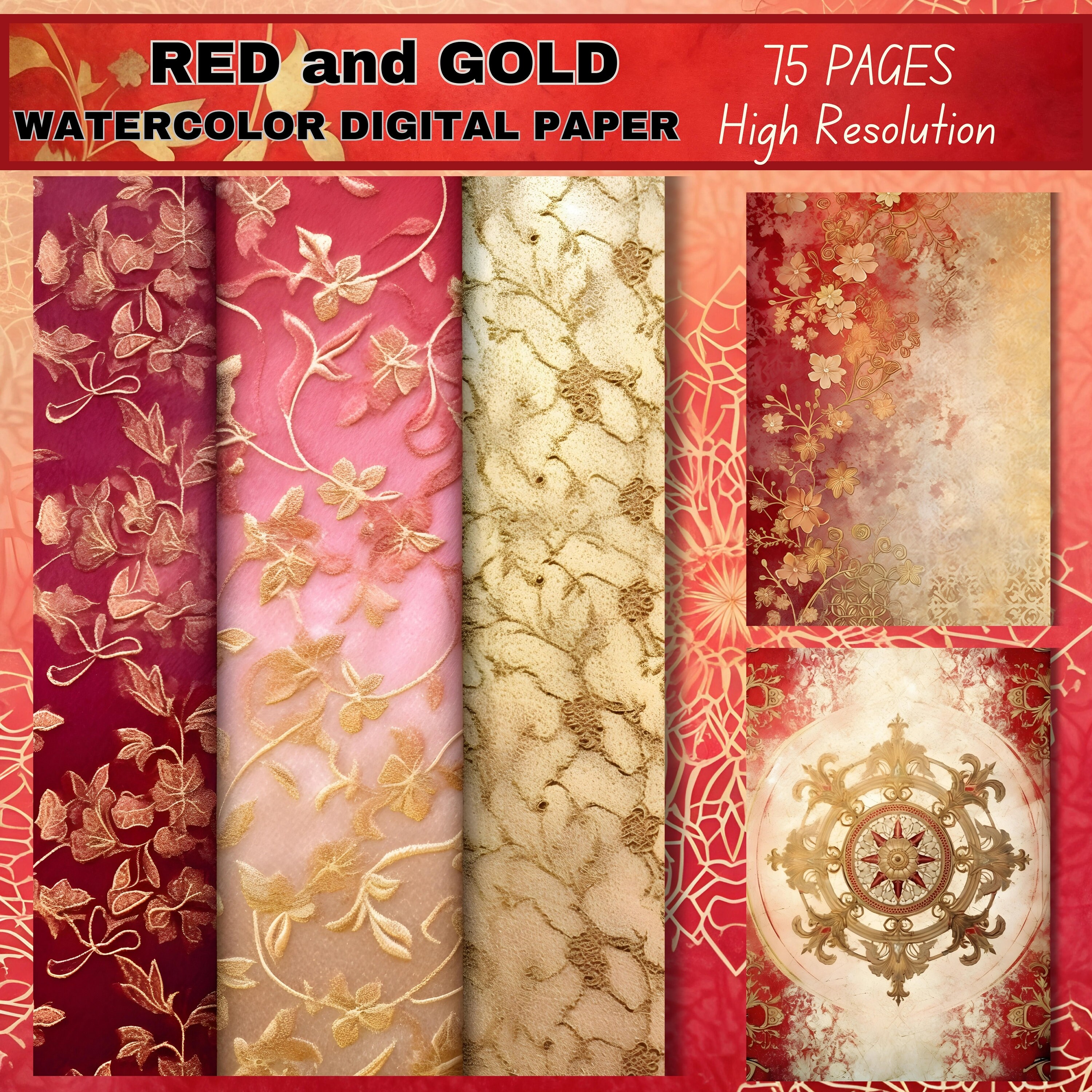 75 Red and Gold Digital Papers in Watercolor Vintage Textures. Mixed ...