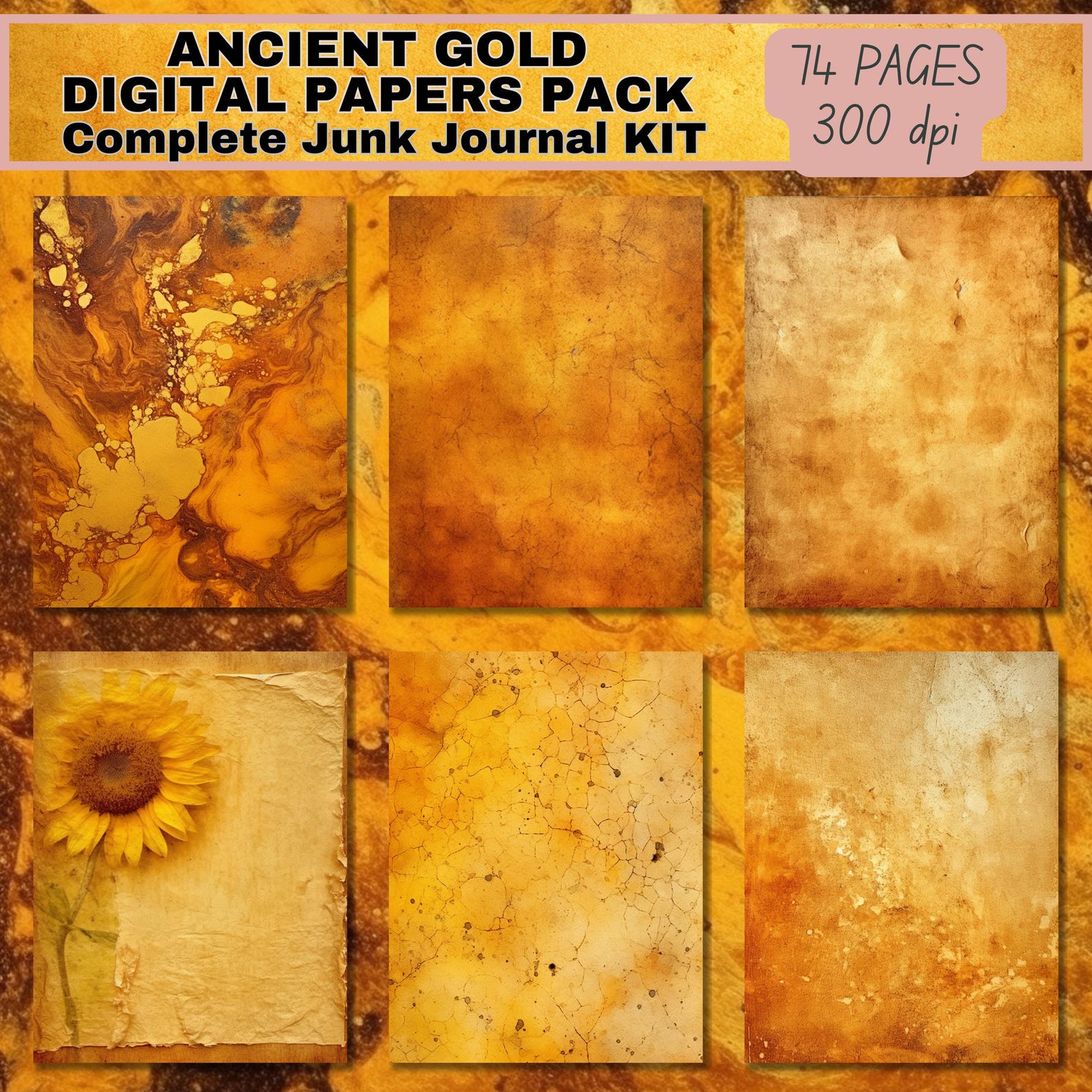 Junkjournaling Aged Vintage Ancient Gold Digital Papers Elegant Ornate ...