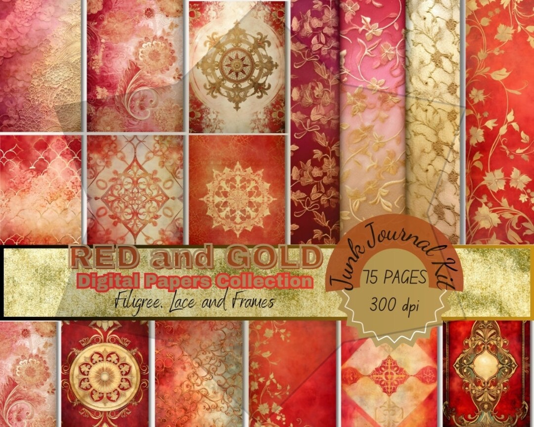 75 Red and Gold Digital Papers in Watercolor Vintage Textures. Mixed ...