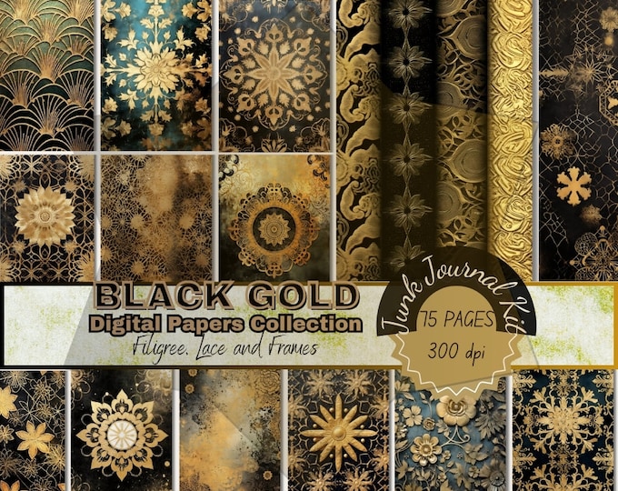 Junkjournal Bundle 75 Black and Gold Digital Papers in Watercolor ...