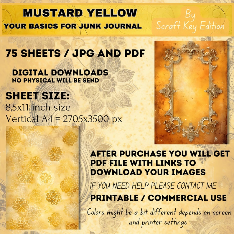 Junk Journal Bundle 75 Mustard Yellow Digital Papers in Watercolor ...