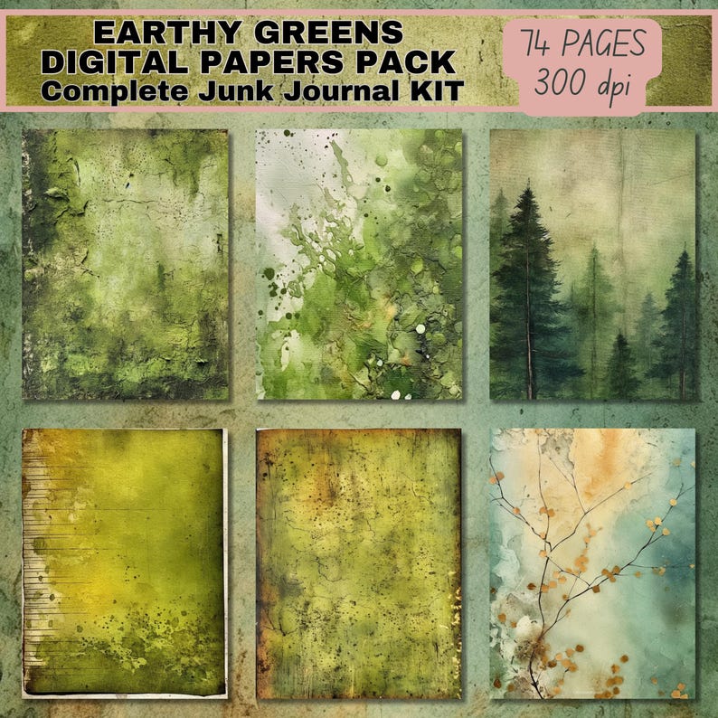 Earthy Greens Distressed Digital Paper Botanical-inspired Vintage ...