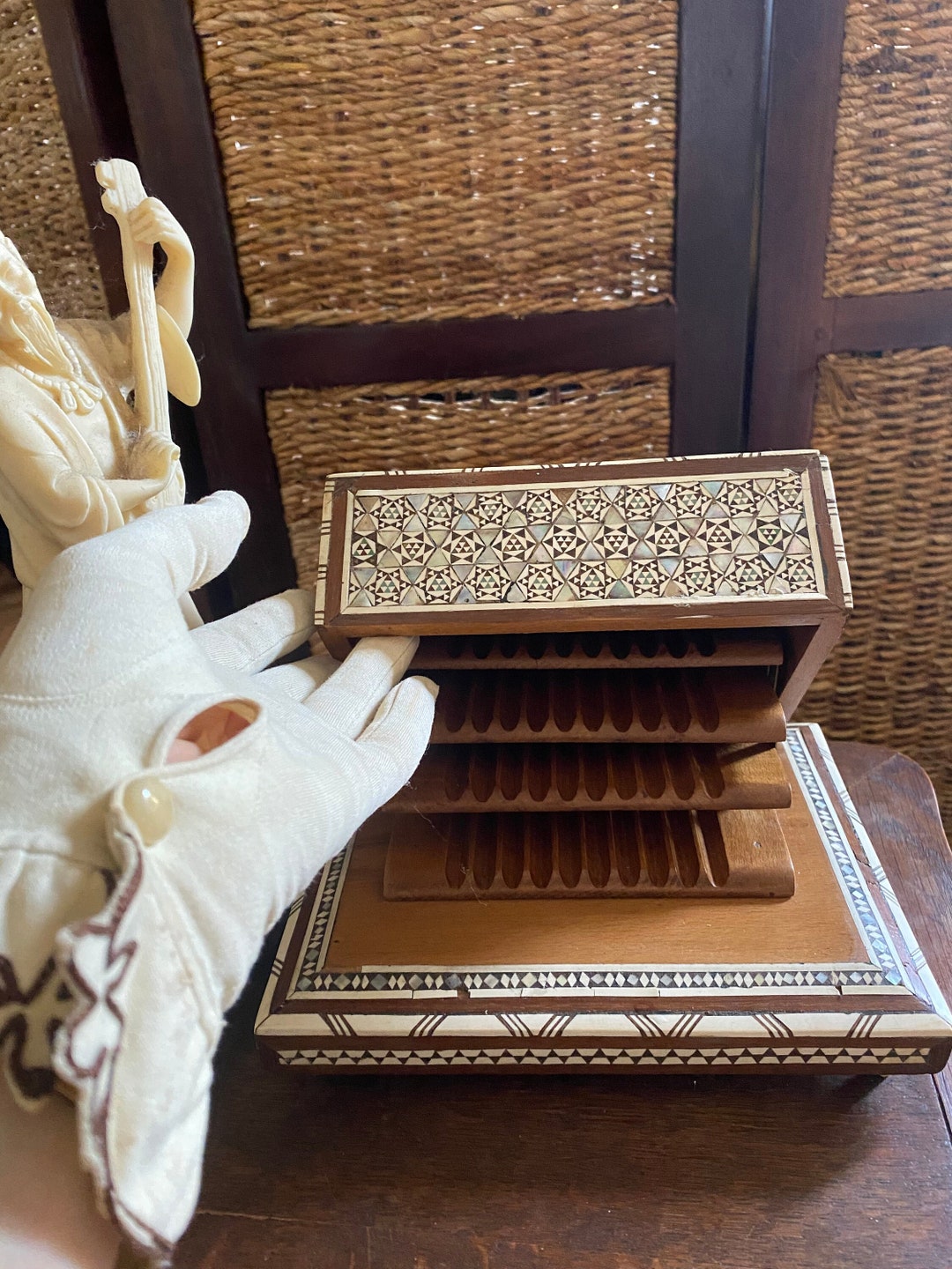 Antique Music Box Cigarette Art Deco Ebony Bone Mosaic Inlaid With ...