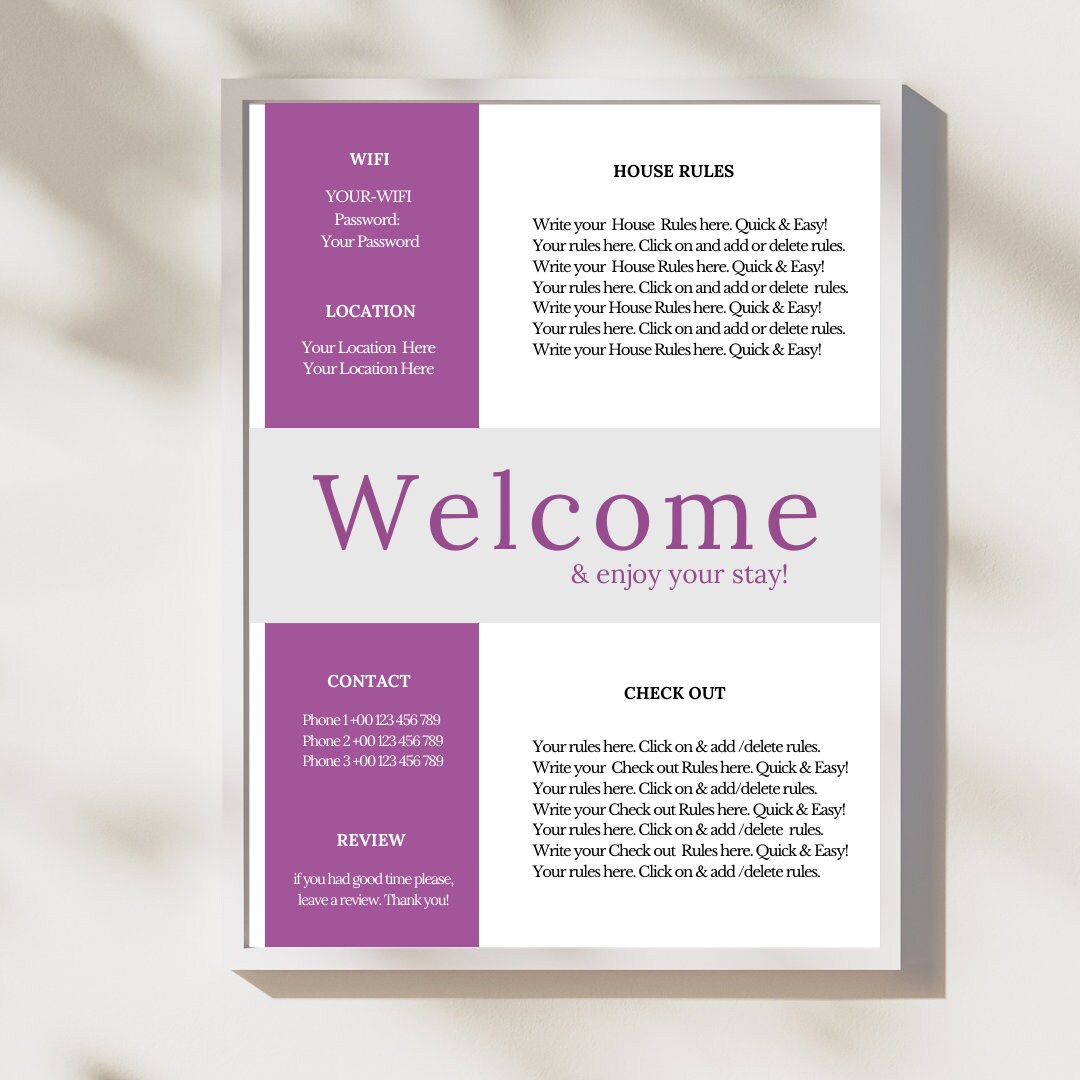WELCOME SIGN TEMPLATE for Airbnb Host Rental Home, House Rent Rules for ...