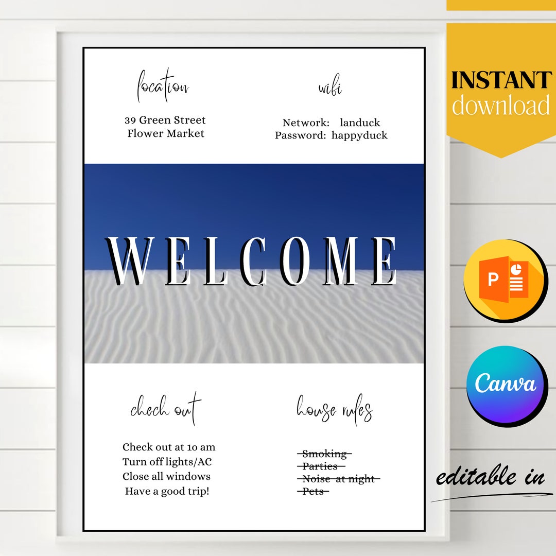 1 Page WELCOME SIGN Template for Airbnb Host, Beach House Rules & Check ...