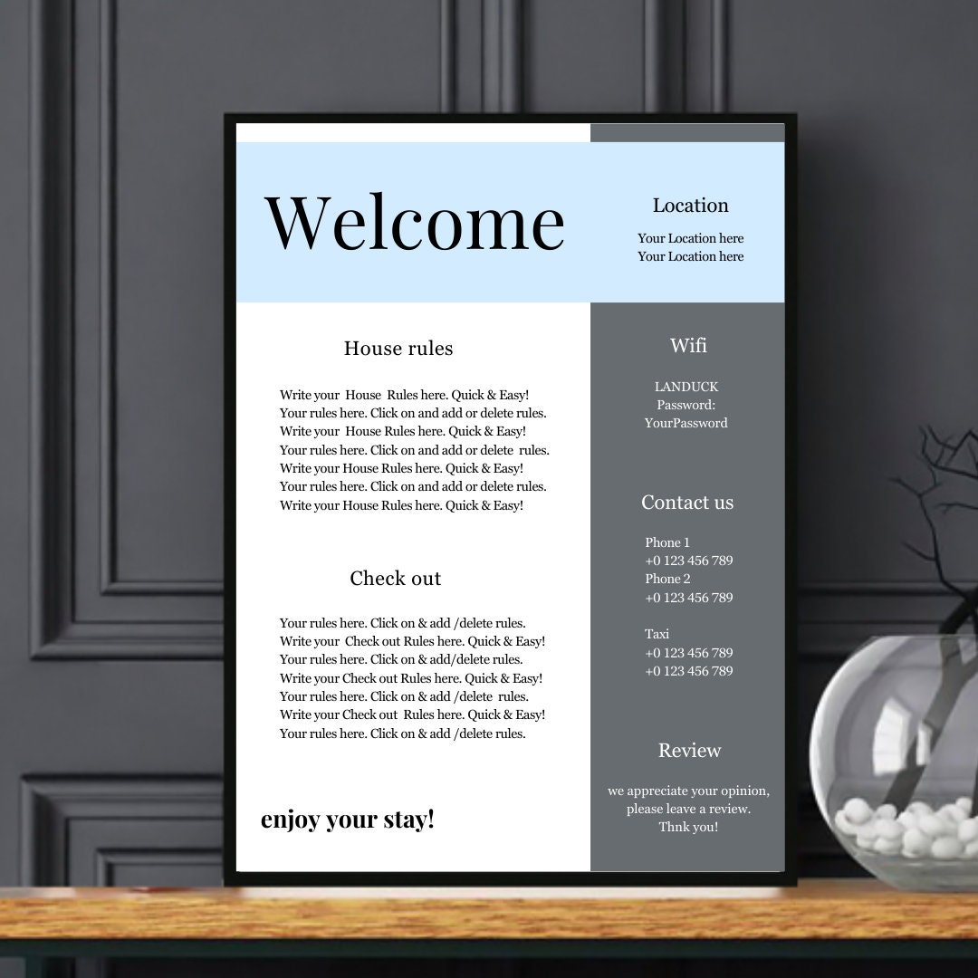 1 Page WELCOME SIGN TEMPLATE for Airbnb Short Rental Home, Tenant Rules ...