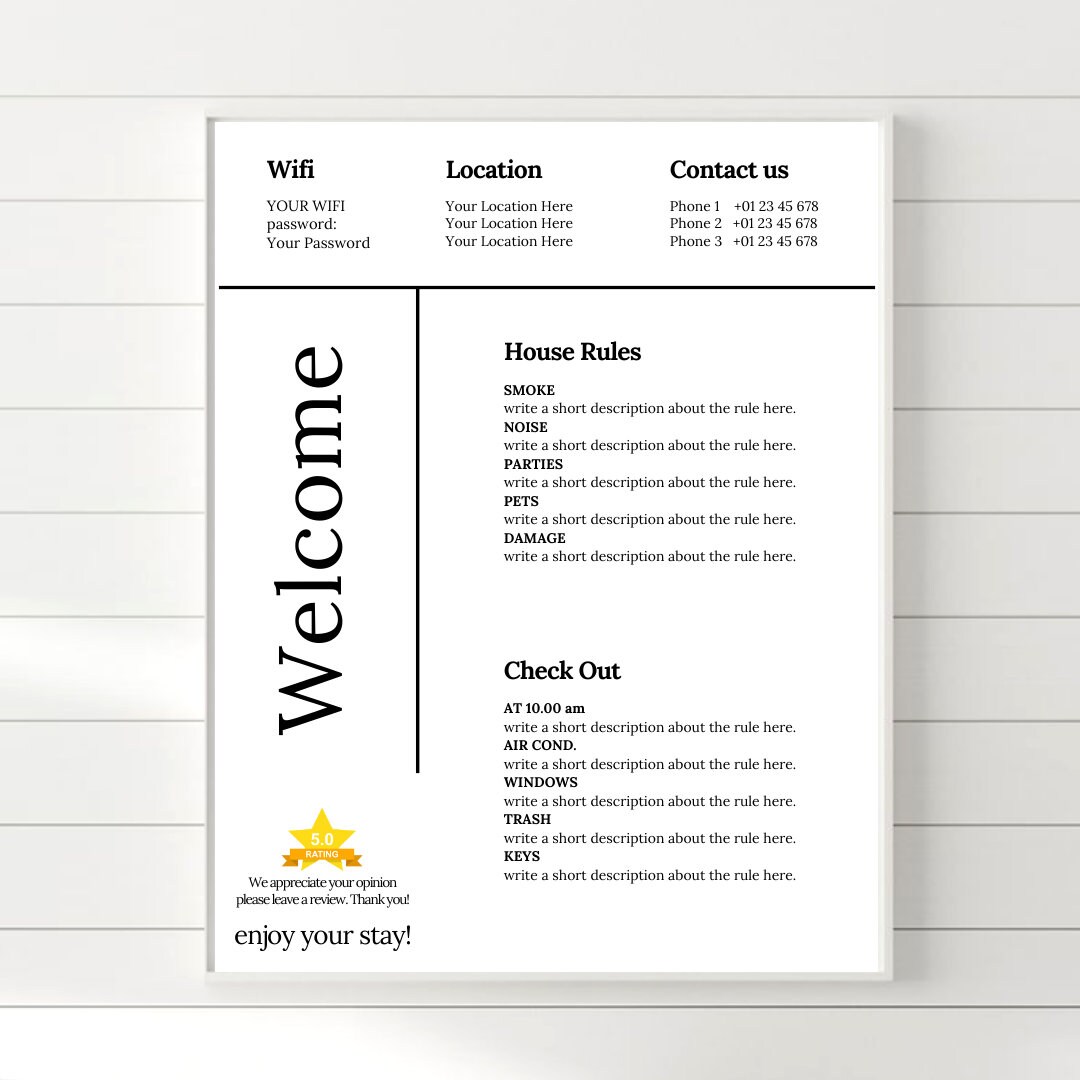 WELCOME SIGN TEMPLATE for Airbnb Rental Home. Airbnb Sign, Tenant Sign ...