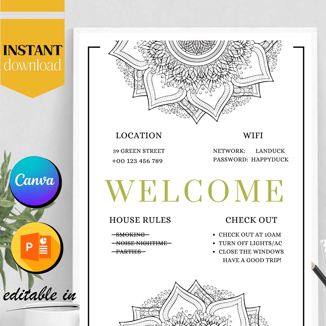 1 Page WELCOME SIGN Template for Airbnb Host With Editable House Rules ...