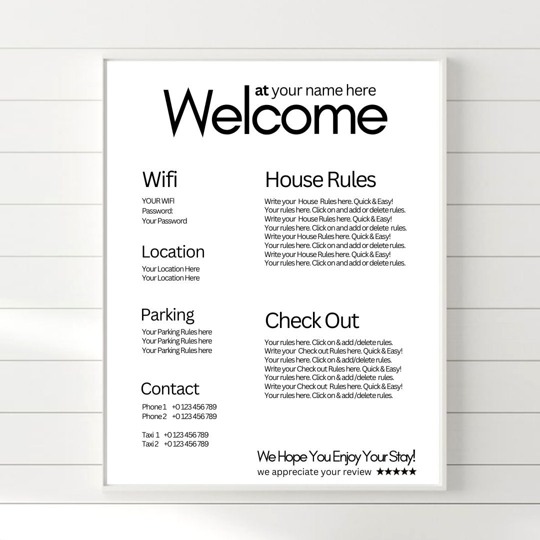 Airbnb Sign 1 Page WELCOME SIGN. Template for Guest, Tenant Sign for ...