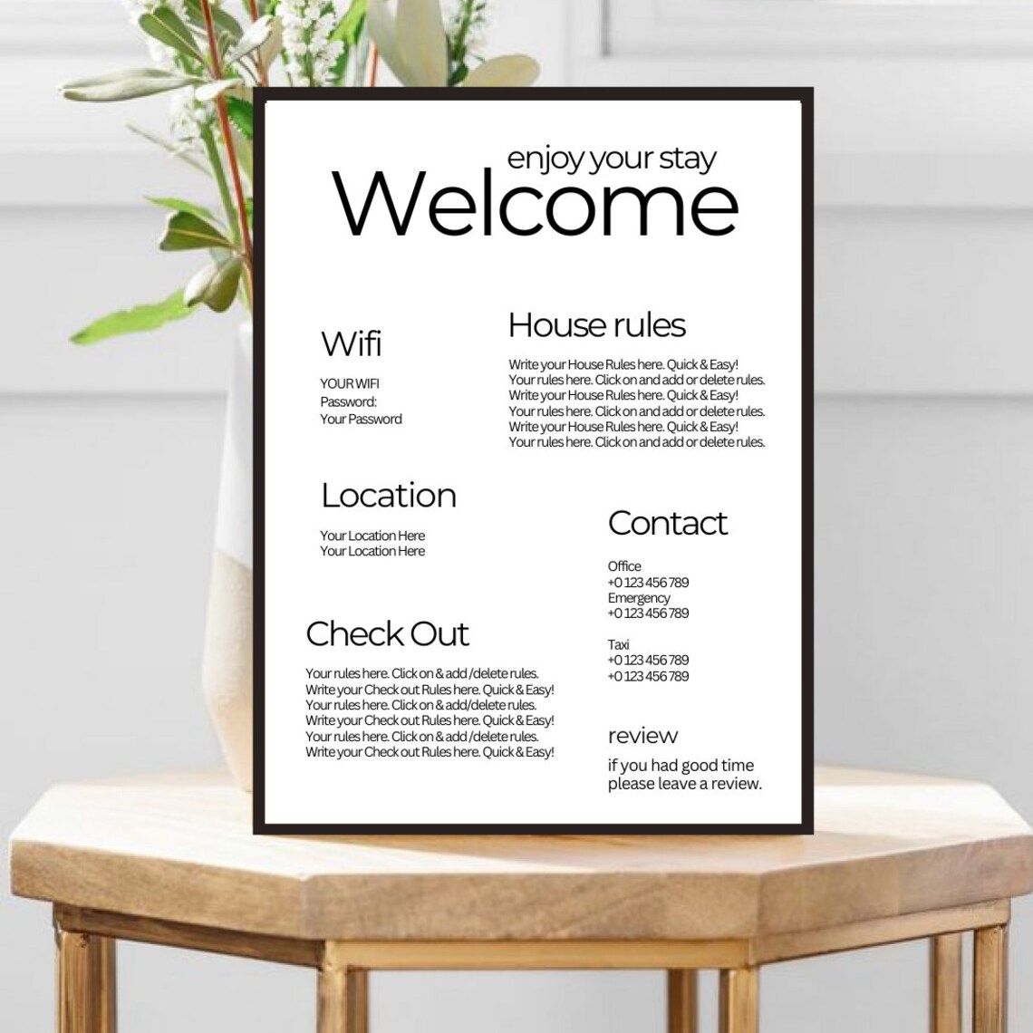 Airbnb Sign, 1 Page WELCOME SIGN TEMPLATE for Rental Home. Condo Info ...