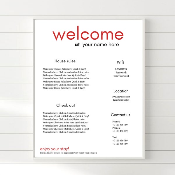 Airbnb Sign, 1 Page WELCOME SIGN TEMPLATE for Rental Home. Condo Info ...