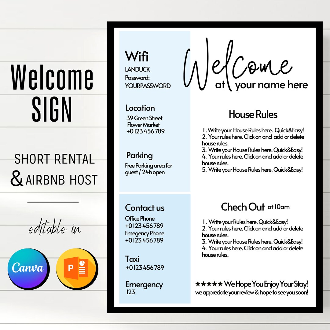 1 Page WELCOME SIGN Template for Rental Airbnb Host / Editable Beach ...
