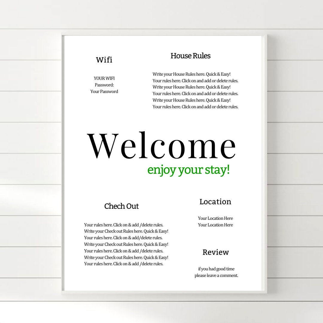WELCOME SIGN TEMPLATE for Rental House, Airbnb Sign. Tenant Rules ...