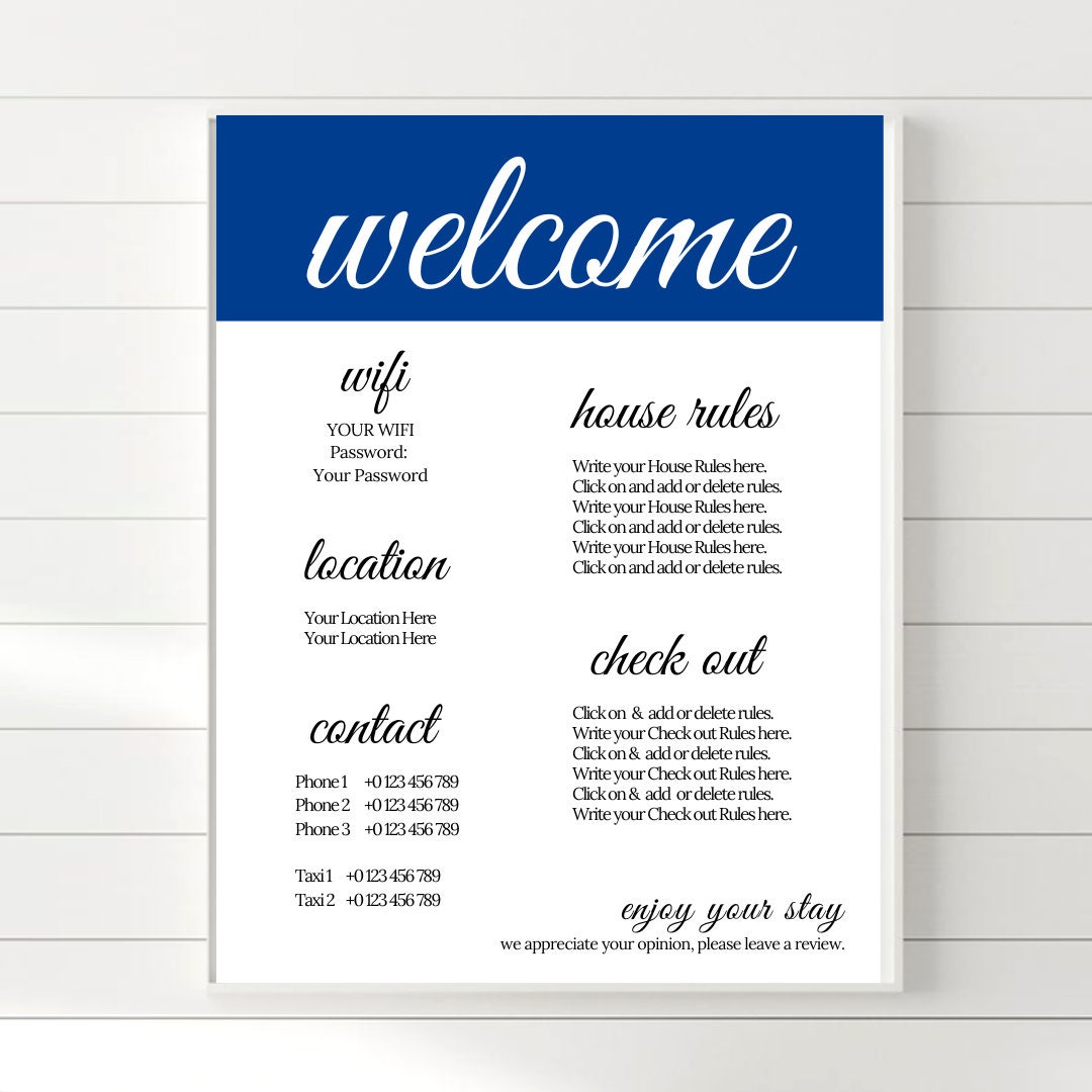 1 Page WELCOME SIGN TEMPLATE for Rental Home. Airbnb Sign, Tenant Rules ...