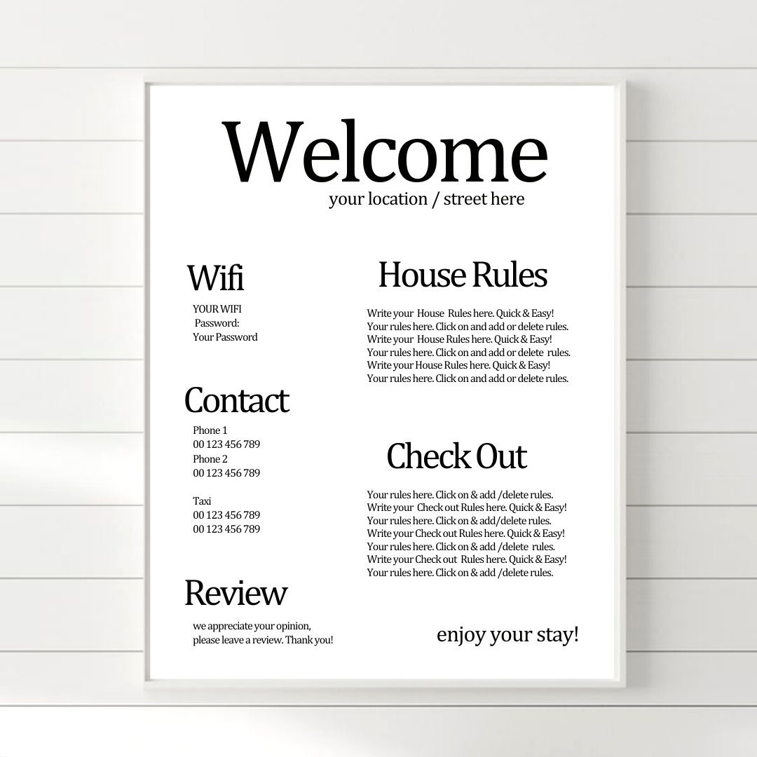 Airbnb WELCOME SIGN, Template for Rental Home, Tenant Sign, Guest Rules ...