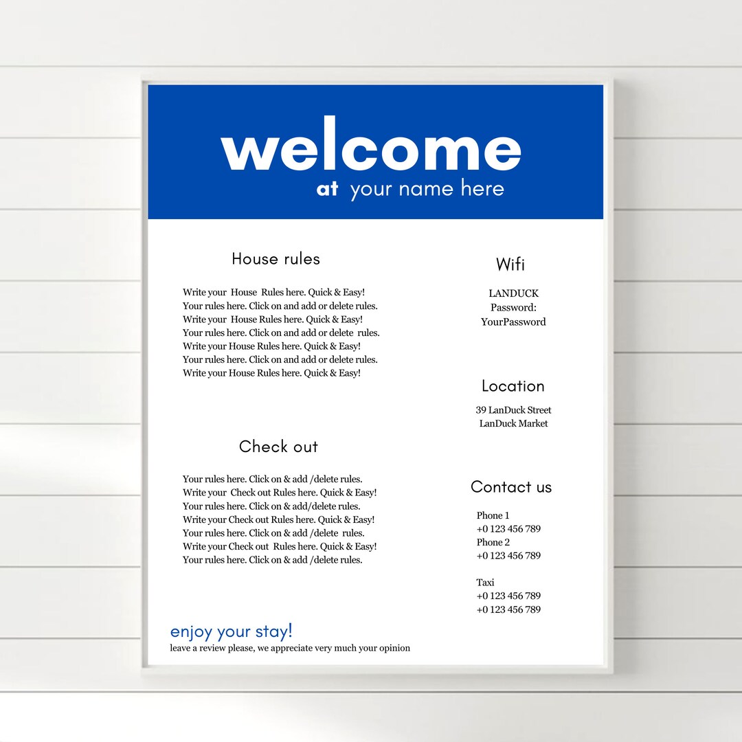 1 Page WELCOME SIGN for Airbnb Host Rental House, Editable Guest Poster ...