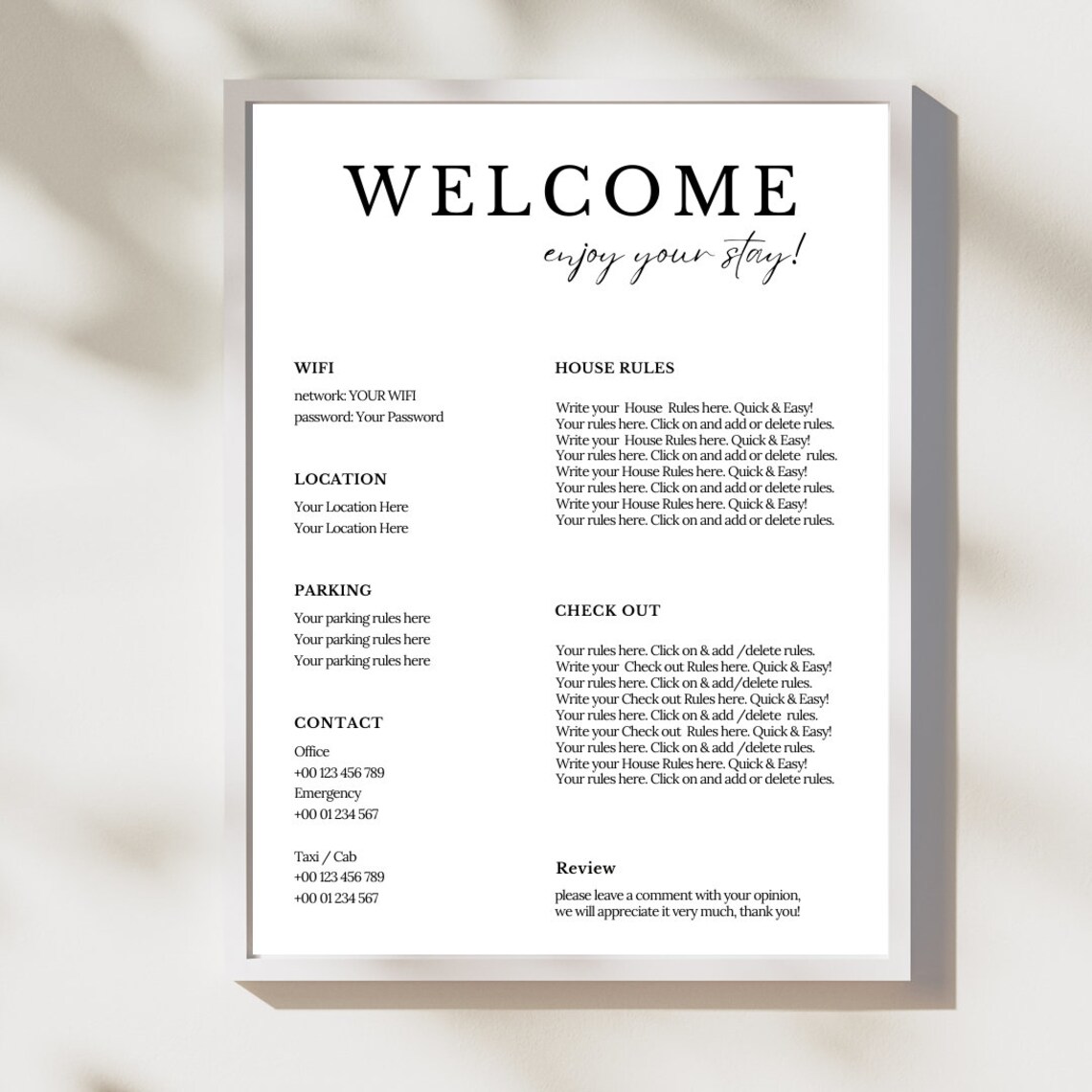 Airbnb Sign, WELCOME SIGN TEMPLATE for Rental Home, Guest Departure ...
