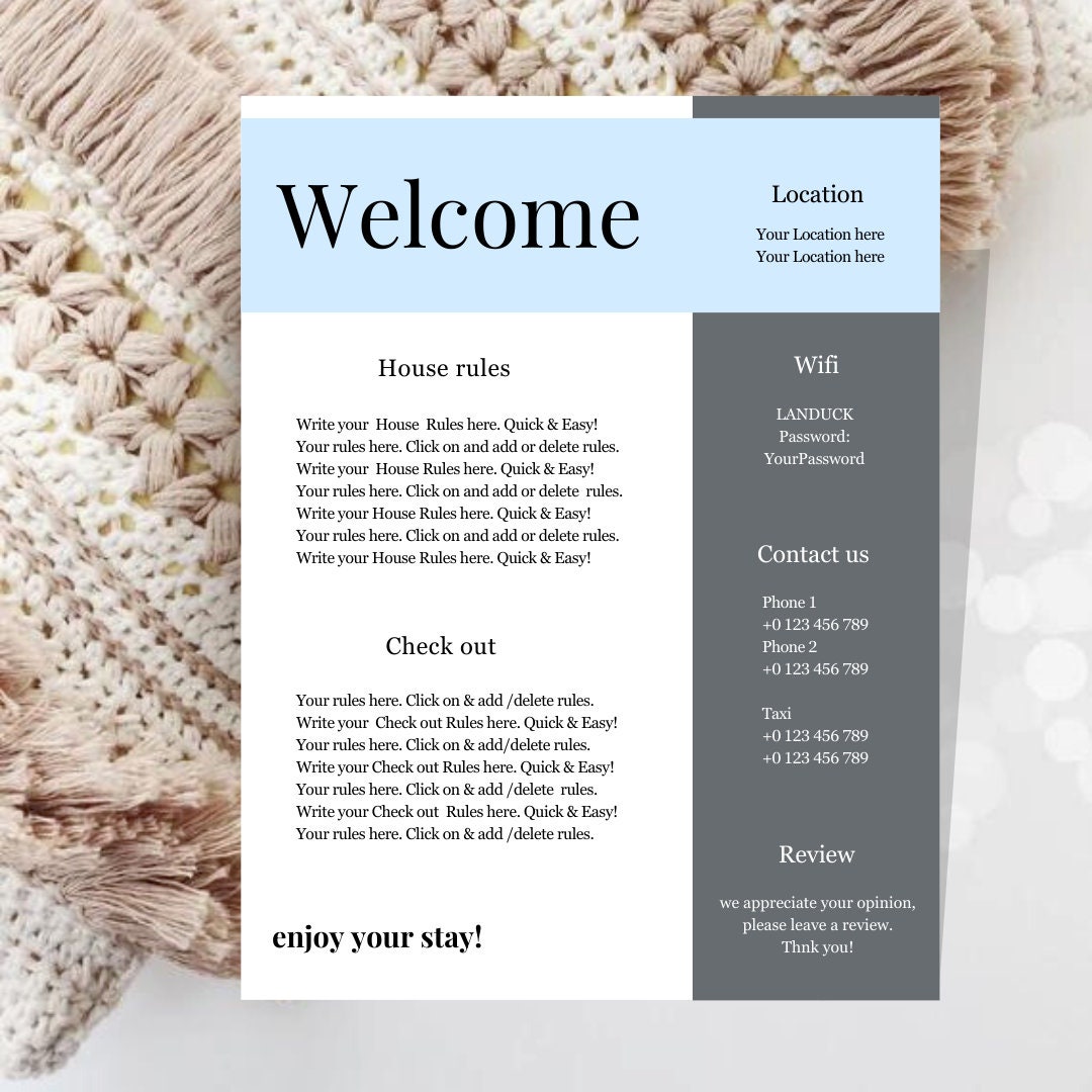 1 Page WELCOME SIGN TEMPLATE for Airbnb Short Rental Home, Tenant Rules ...