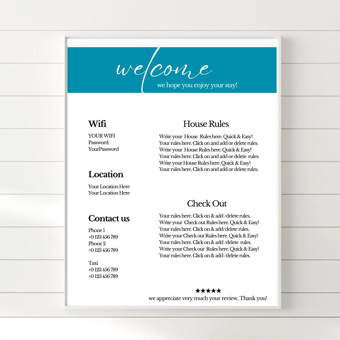 WELCOME SIGN TEMPLATE for Rental Home, Sign for Guest. Tenant Guest ...
