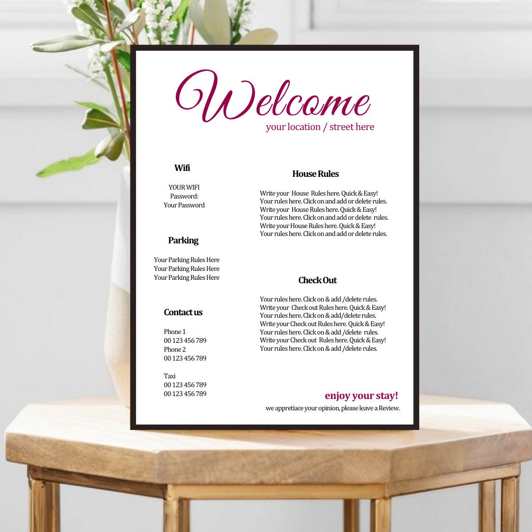 WELCOME SIGN TEMPLATE for Airbnb Rental House, Tenant Poster, Guest ...