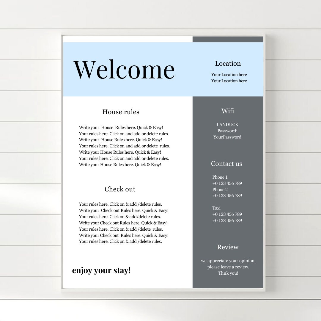 1 Page WELCOME SIGN TEMPLATE for Airbnb Short Rental Home, Tenant Rules ...