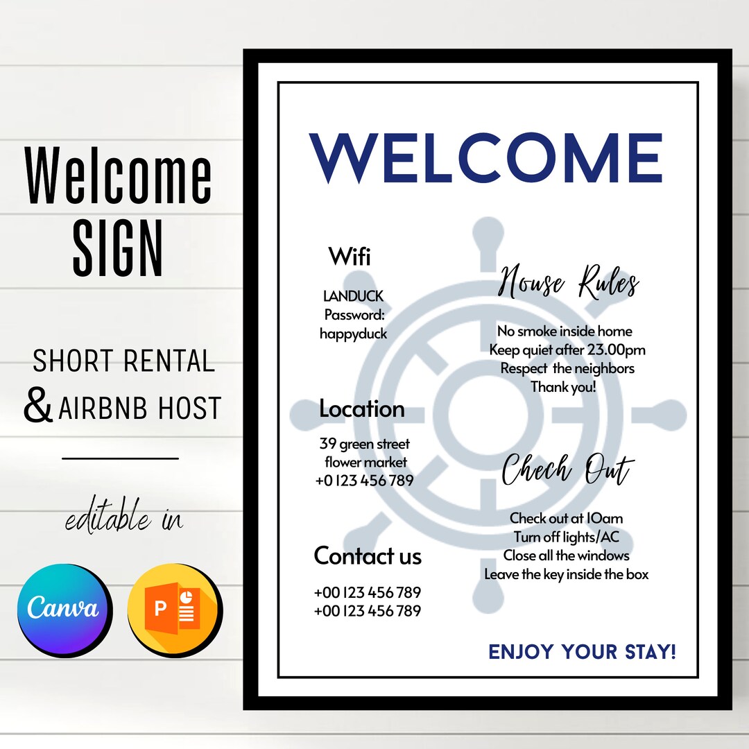 WELCOME SIGN Template for Rental Airbnb Host / 1 Page Editable Beach ...