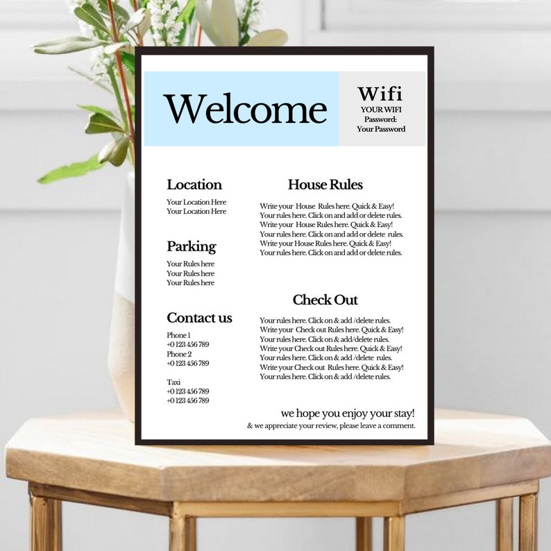 1 Page WELCOME SIGN TEMPLATE for Airbnb Rental House, Guest Rent Rule ...