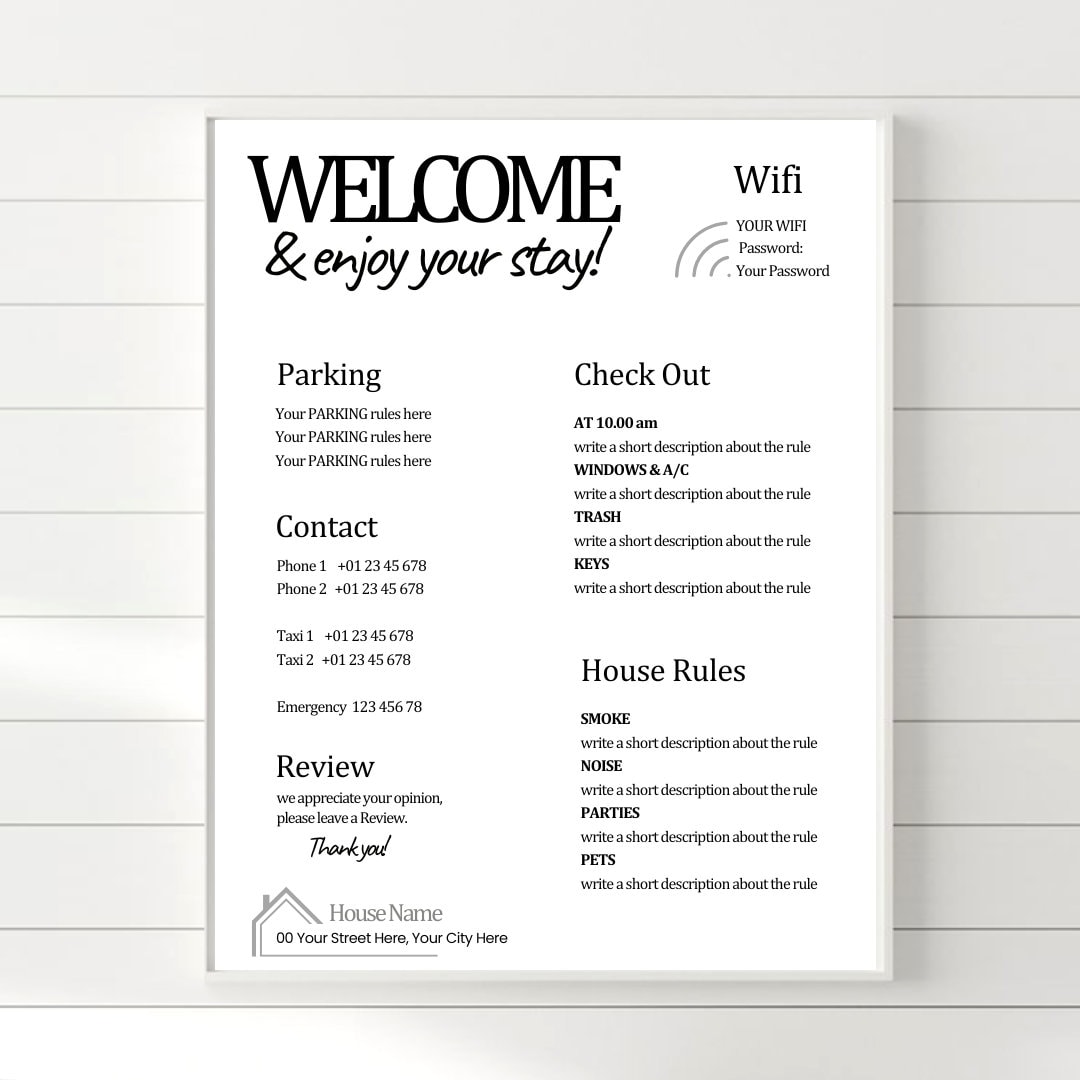 WELCOME SIGN TEMPLATE for Airbnb Guest Rental Home, Airbnb Tenant Sign ...