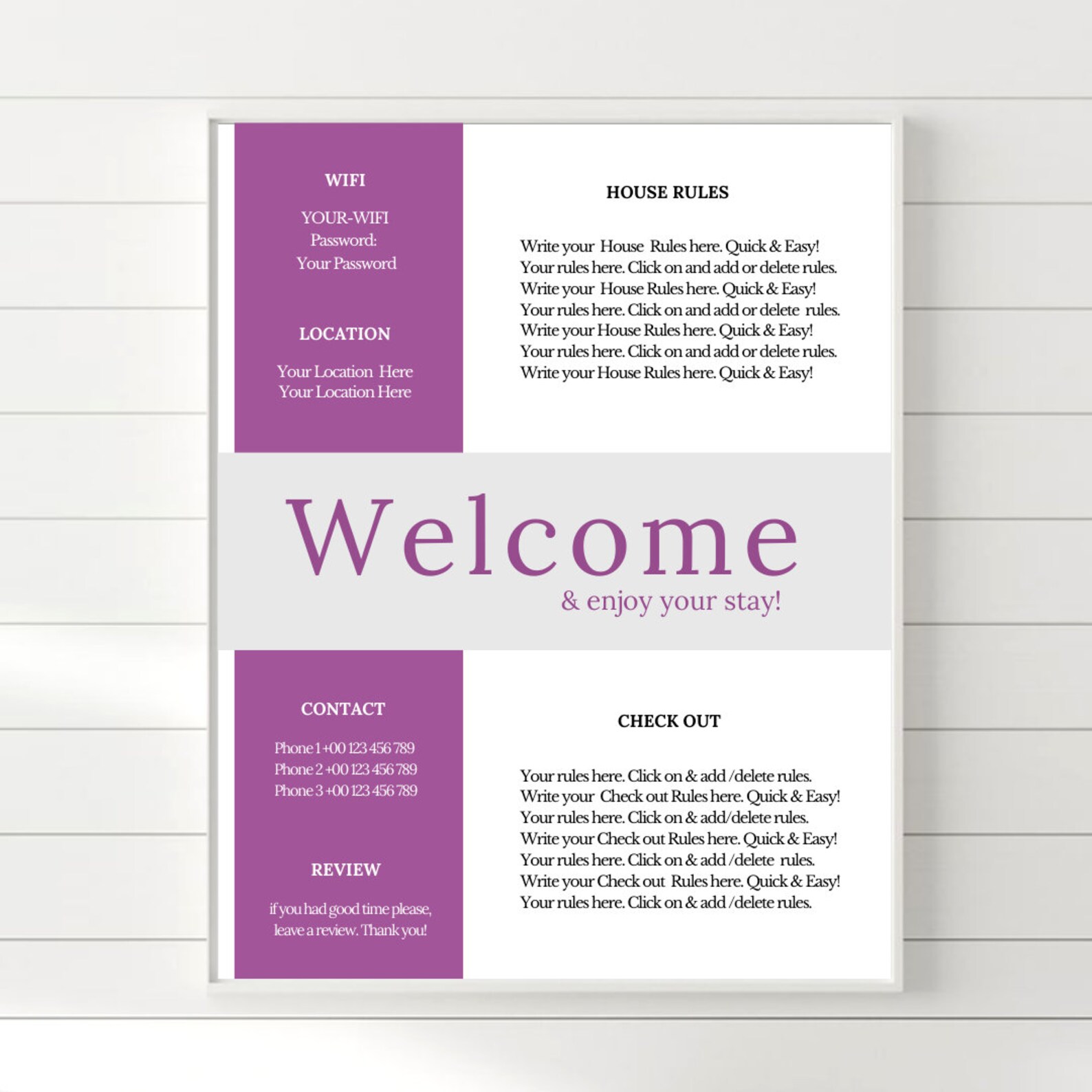 WELCOME SIGN TEMPLATE for Airbnb Host Rental Home, House Rent Rules for ...