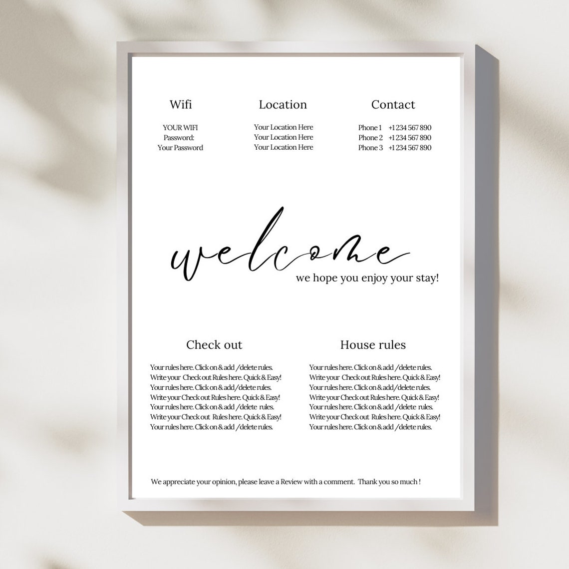 WELCOME SIGN TEMPLATE for Airbnb Rental House. Guest Rules Poster ...