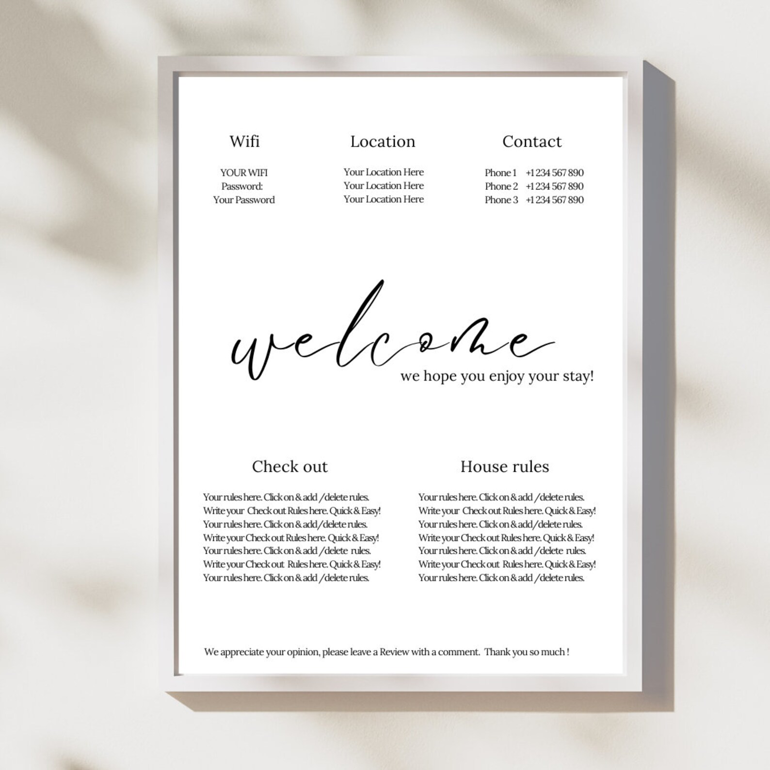 WELCOME SIGN TEMPLATE for Airbnb Rental House. Guest Rules Poster ...