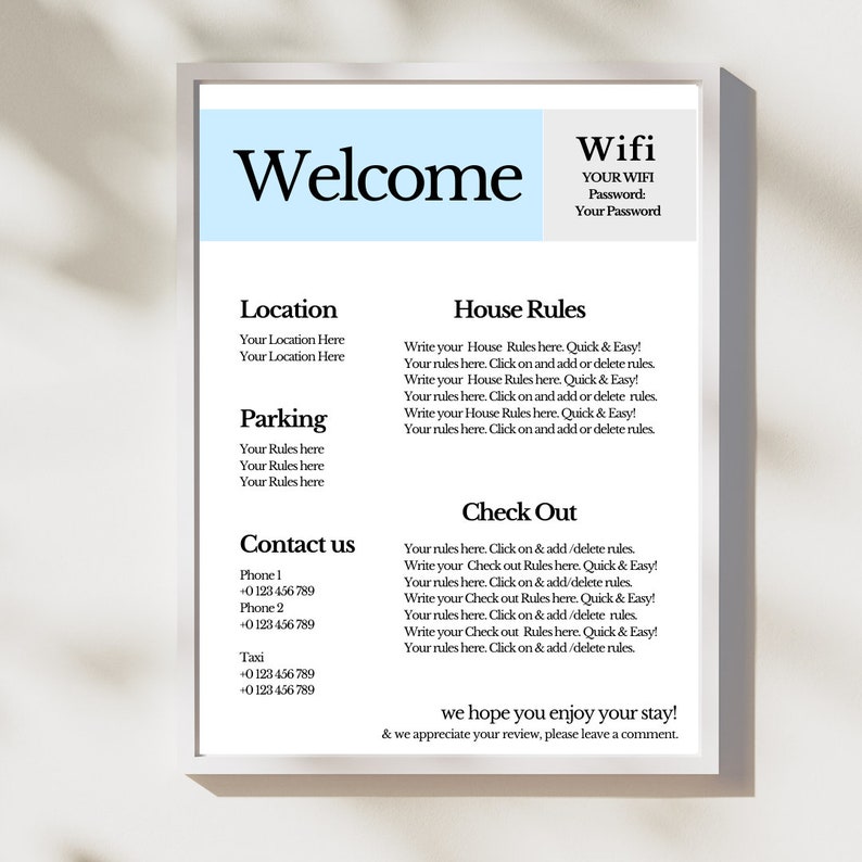 1 Page WELCOME SIGN TEMPLATE for Airbnb Rental House, Guest Rent Rule ...