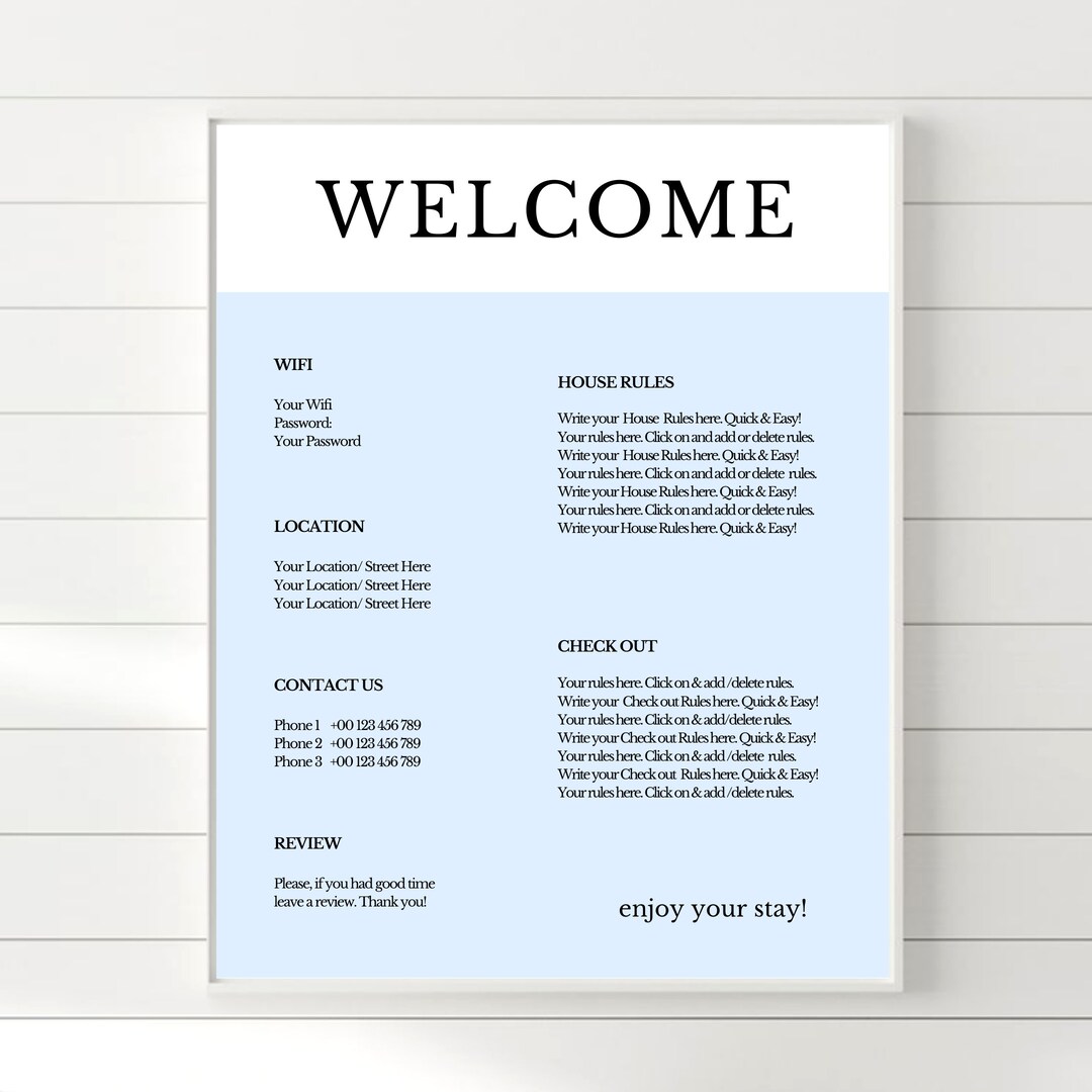 WELCOME SIGN TEMPLATE for Airbnb Rental House, Apartment for Rent Sign ...