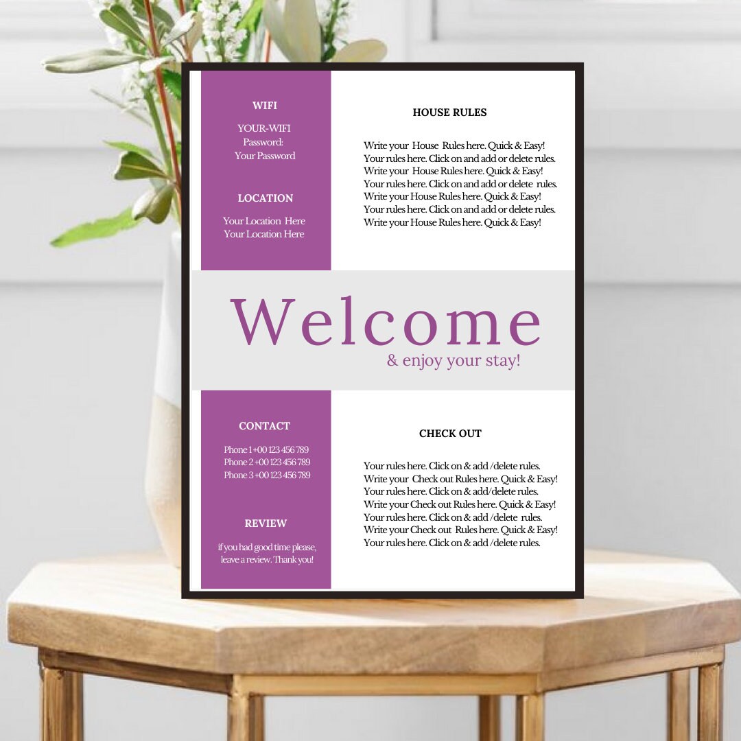 WELCOME SIGN TEMPLATE for Airbnb Host Rental Home, House Rent Rules for ...