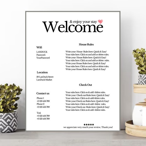 Airbnb Sign, 1 Page WELCOME SIGN TEMPLATE for Rental Home. Condo Info ...